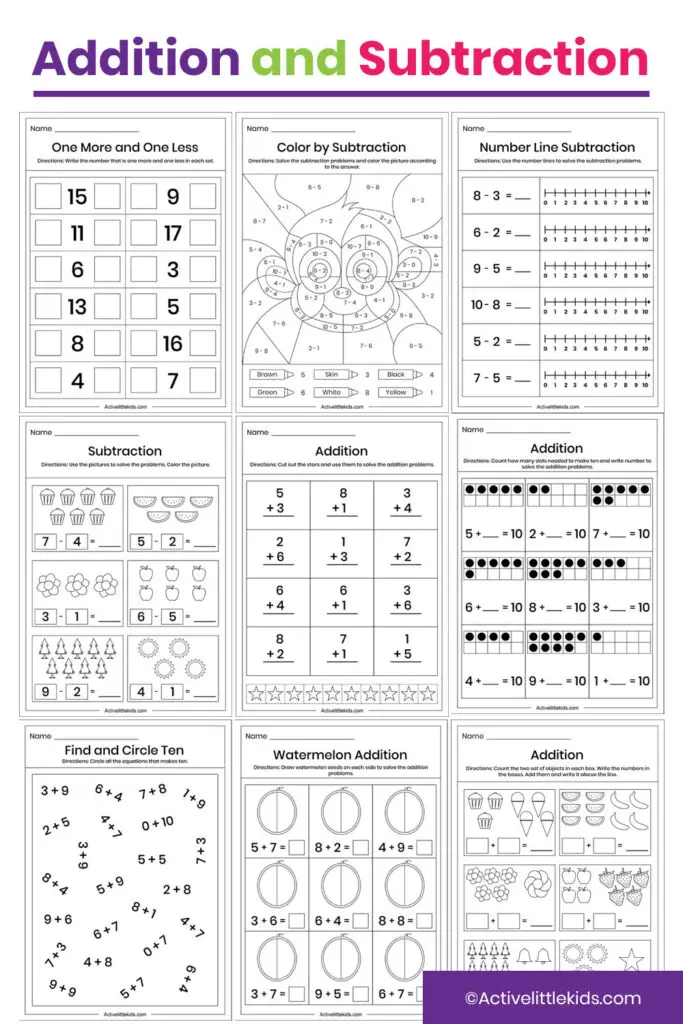 Addition and Subtraction Worksheets - Active Little Kids