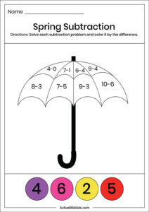 Spring subtraction worksheets for kindergarten - Active Little Kids