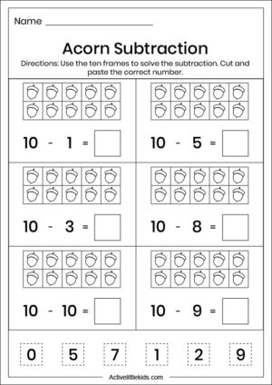 Fall subtraction worksheets - Active Little Kids